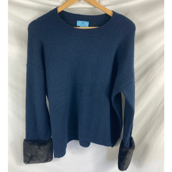 CeCe | Sweaters | Cece Black Fuzzy Cuff Blue Knit Sweater Size Small ...